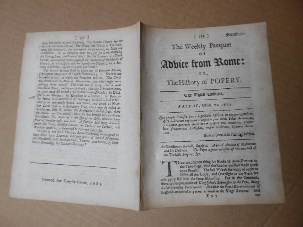 1681 The Weekly Pacquet of Advice from Rome or History of Popery Anti ...