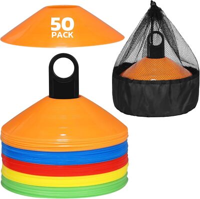 50x Football Training Cones Space Markers Sports Rugby Hockey Cricket ...