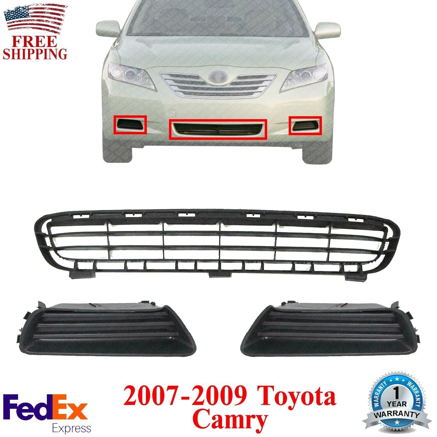 Front Bumper Lower Grille Textured + Fog Light Covers For 2007-2009 ...