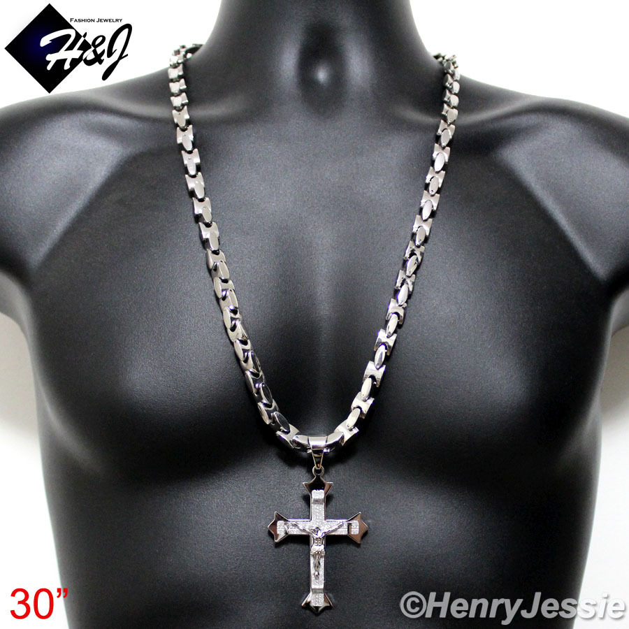 18-40"MEN Stainless Steel 8mm Silver Interlock Chain Necklace Cross ...