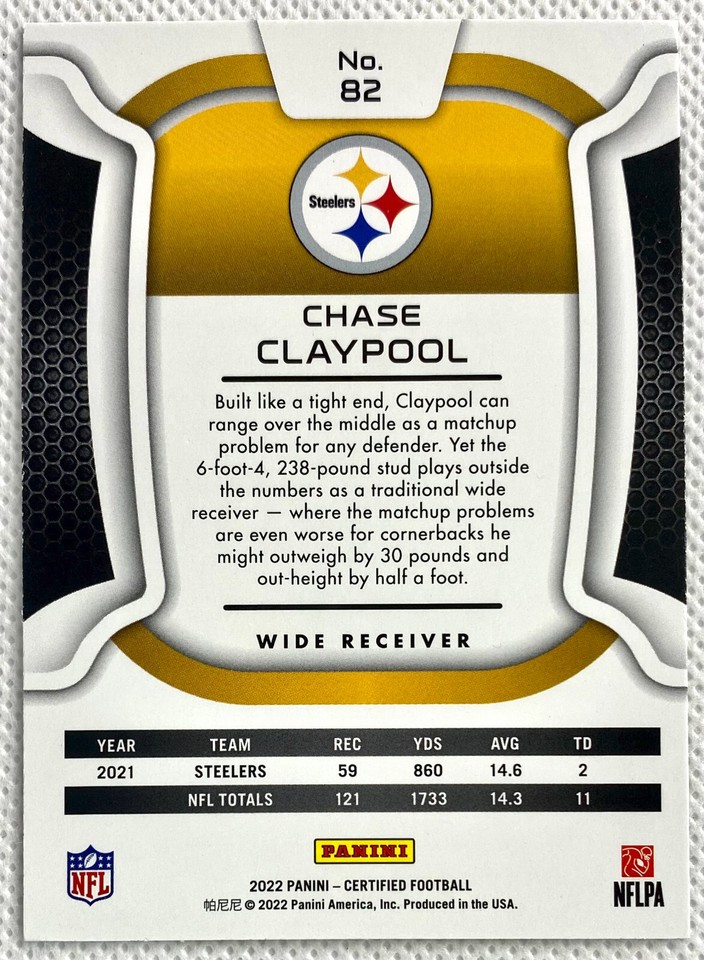 2022 Panini Certified Football Chase Claypool Card #82 NFL Pittsburgh ...