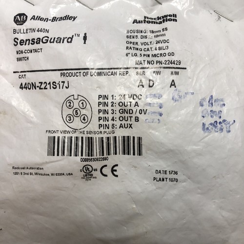 AB 440N/Z21S17J/A SensaGuard Non-Contact Switch,24 VDC,18mm Barrel,10mm ...