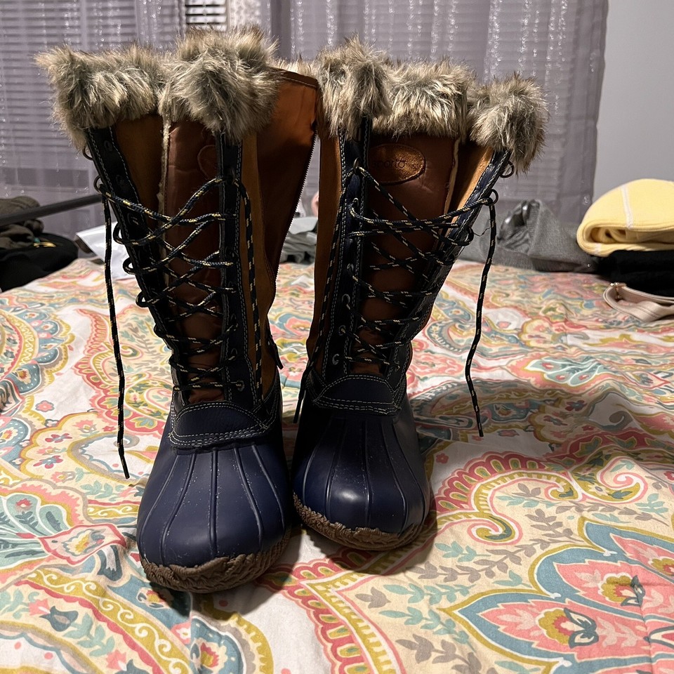 Sporto Tall Brown Leather Pac Duck Boot Lined Brown Blue Women's Size ...