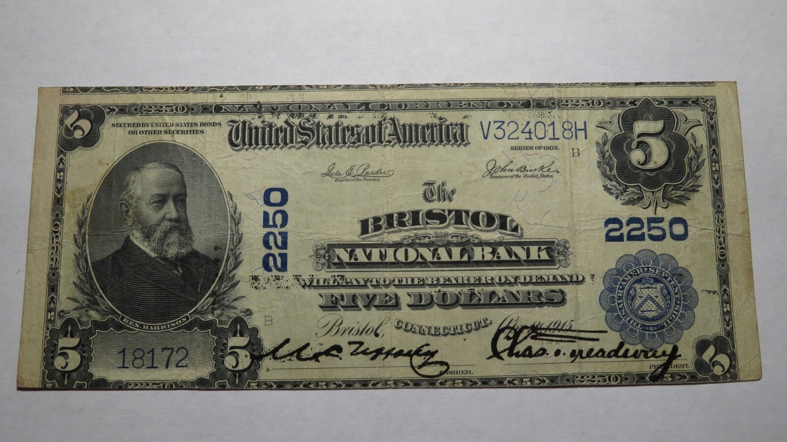 $5 1902 Bristol Connecticut CT National Currency Bank Note Bill! Ch ...