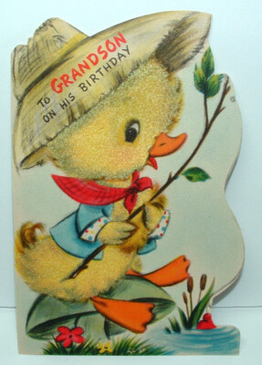 UNUSED - Flocked Duck Fishing - 1940's Vintage HALLMARK Greeting Card ...