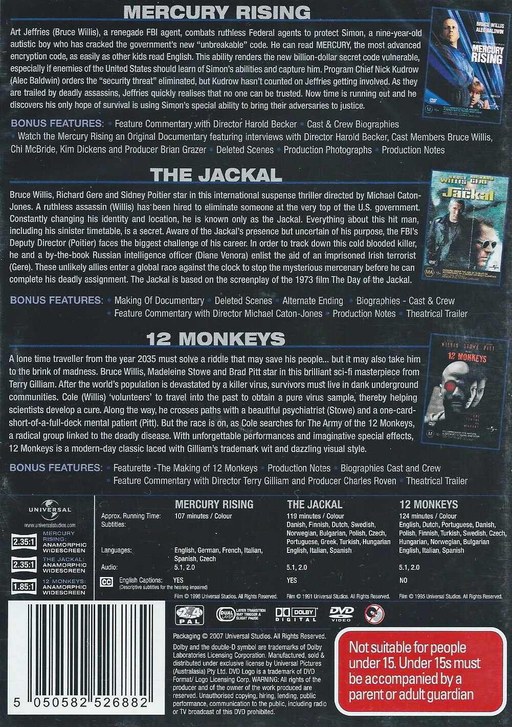 Mercury Rising - 12 Monkeys - Jackal - Action, Thriller - Bruce Willis ...