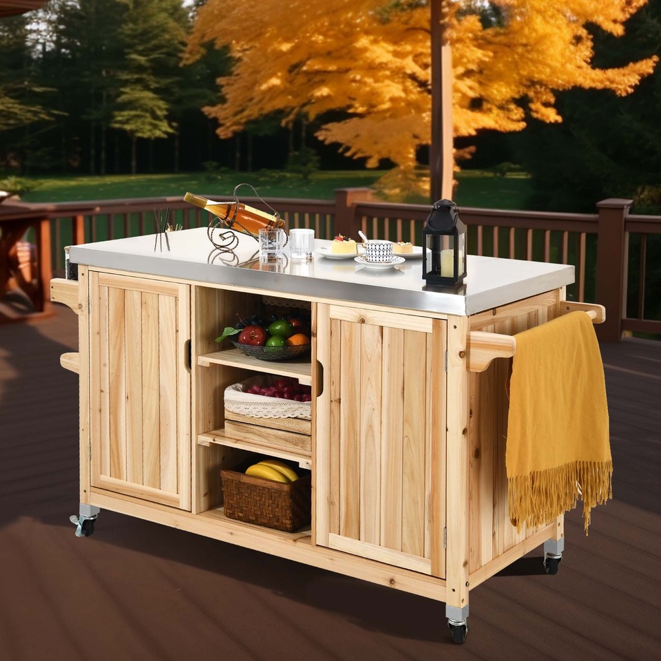 Outdoor Island Grill Table Patio Solid Wood Kitchen Storage Cabinet 59 ...