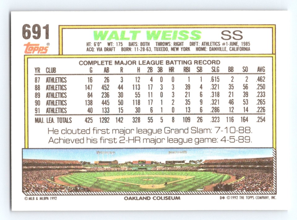 1992 Topps #691 Walt Weiss Oakland Athletics | eBay