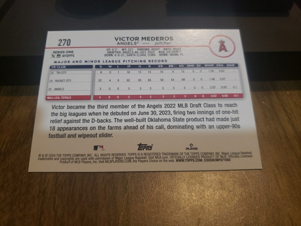 Victor Mederos 2024 Topps Series 1 #270 Rookie Los Angeles Angels ...