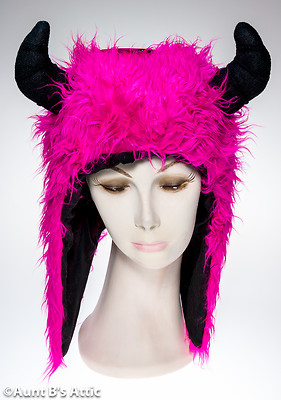 Hood Hot Pink Fuzzy Faux Fur Minotaur Hoodie Novelty Costume Hat With ...