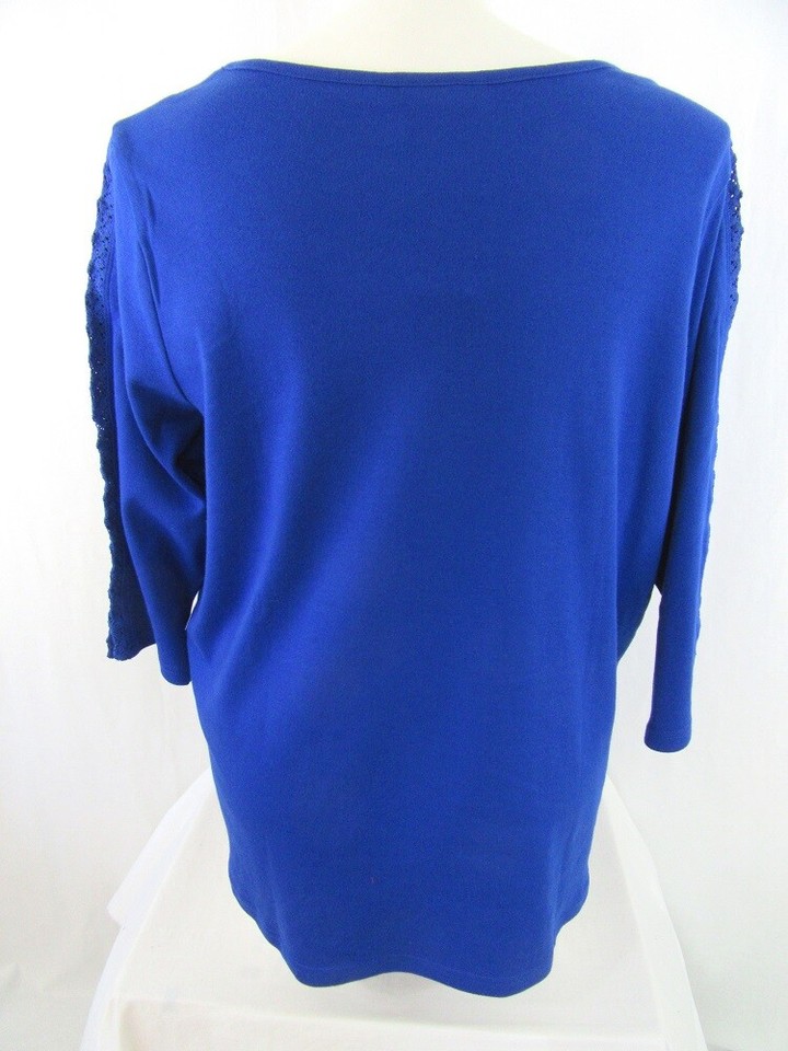 Quacker Factory Size 2X Blue 3/4-Sleeve Top with Lace and Rhinestone ...