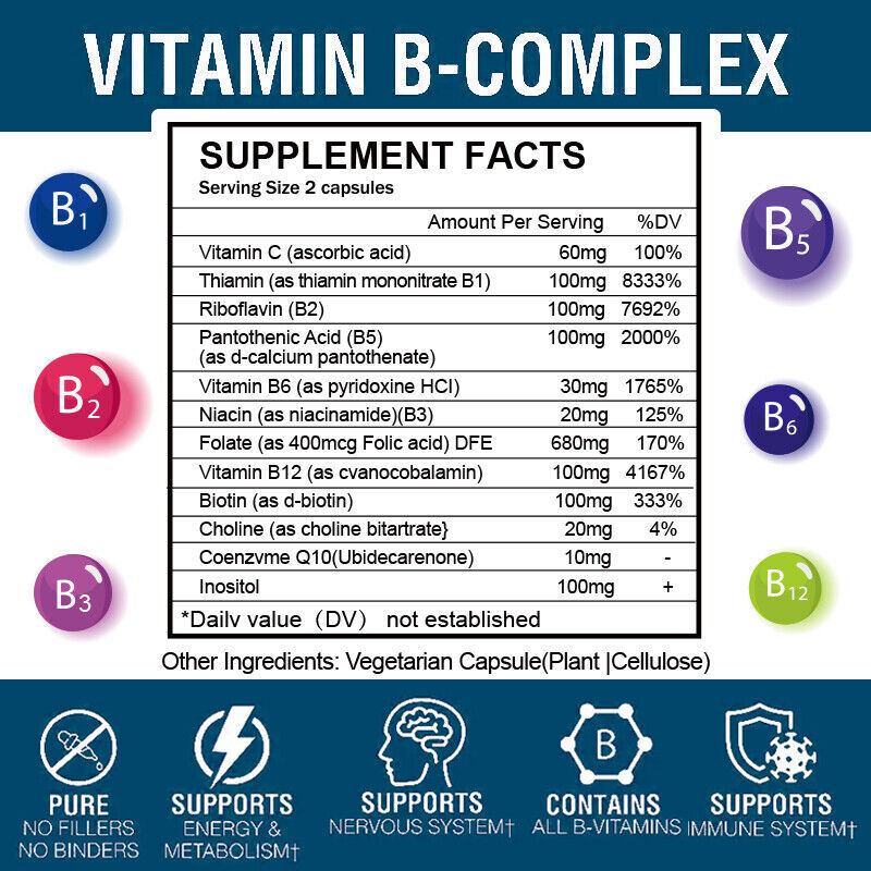 Vitamin B Complex Capsules B1 B2 B3 B5 B6 B7 B9 B12 Folic Acid & Biotin ...