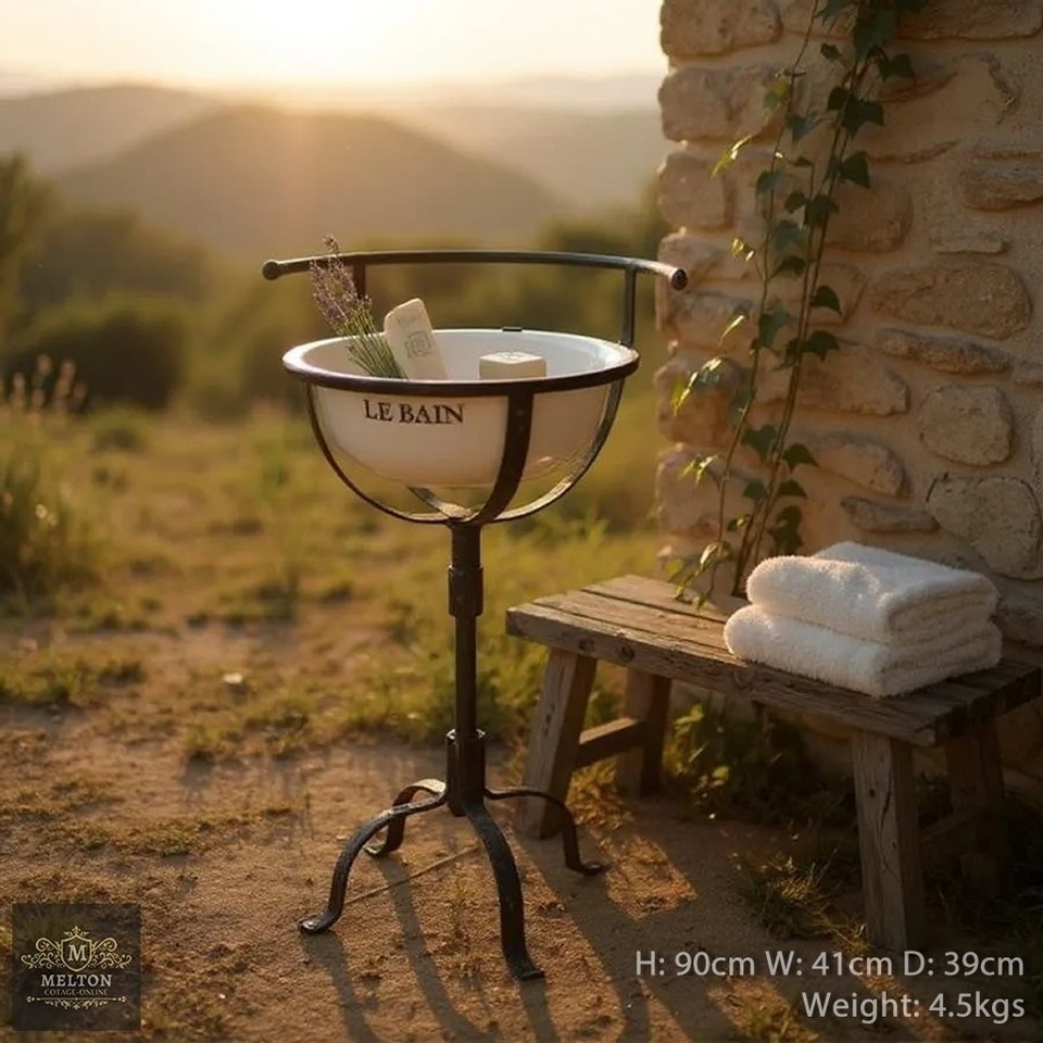 Le Bai Shabby Chic Wash Stand Aged White Enamel Basin Rustic Wrought ...