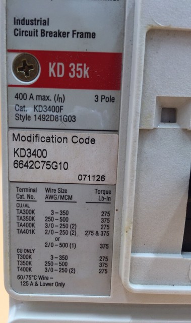 Eaton Series C KD3400 400A 600V Complete Molded Case Circuit Breaker ...