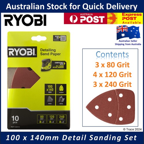 RYOBI 100 x 140mm Detail Sanding Discs Pads - 10 Pcs / 3 Grits for Wood ...