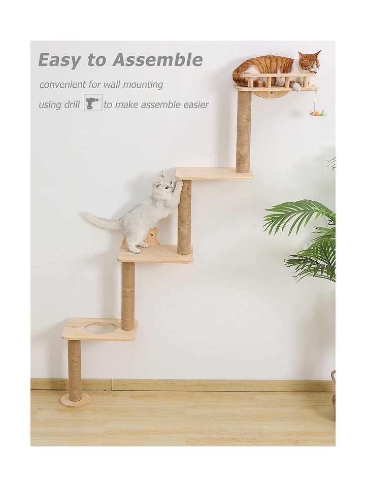 Cat Tree Wall Mounted with 4 Levels Cat Shelves 73" Wood Corner Cat ...