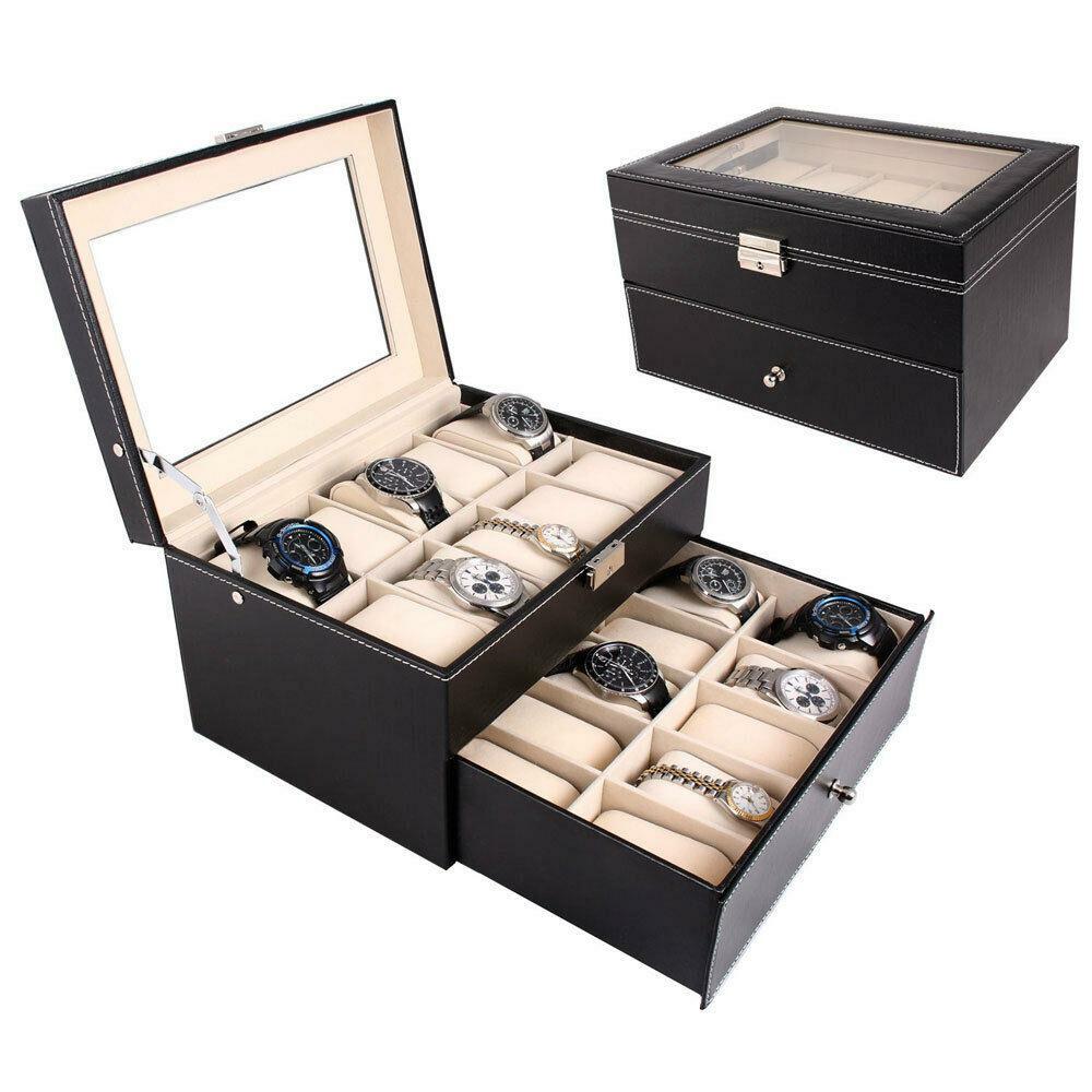 20 Slot Watch Box Leather Display Case Organizer Top Glass Jewelry ...