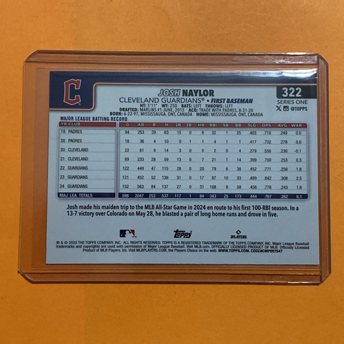2025 Topps Series 1 #322 Josh Naylor Cleveland Guardians Baseball Card ...