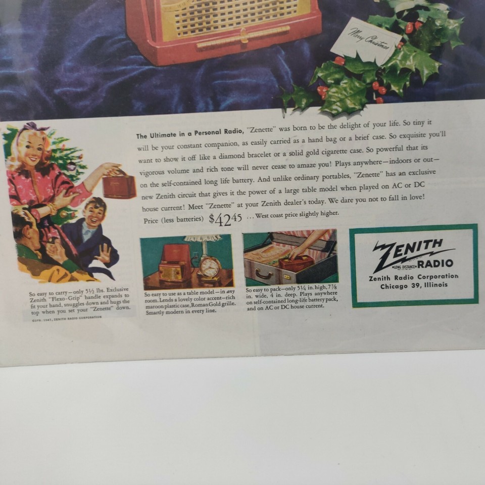 Vintage 1947 Zenette Zenith Radio Advertisement Saturday Evening Post ...