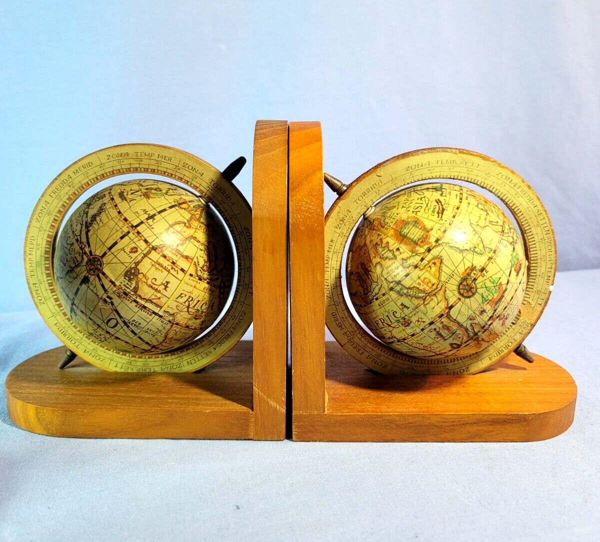 Wooden 4 Piece Rotating World Globe Bookends Pen Holder Decor Vintage ...