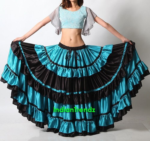 TurqsBlue/Black Satin 6/12/25 Yard Tiered Gypsy Frill Skirt Belly Dance ...