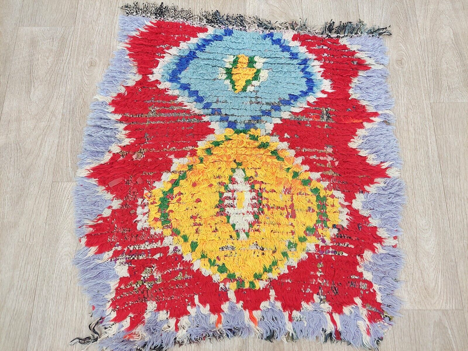 Vintage Moroccan Small Square Rug 2.6x2.6 Colorful Geometric Cotton Red ...
