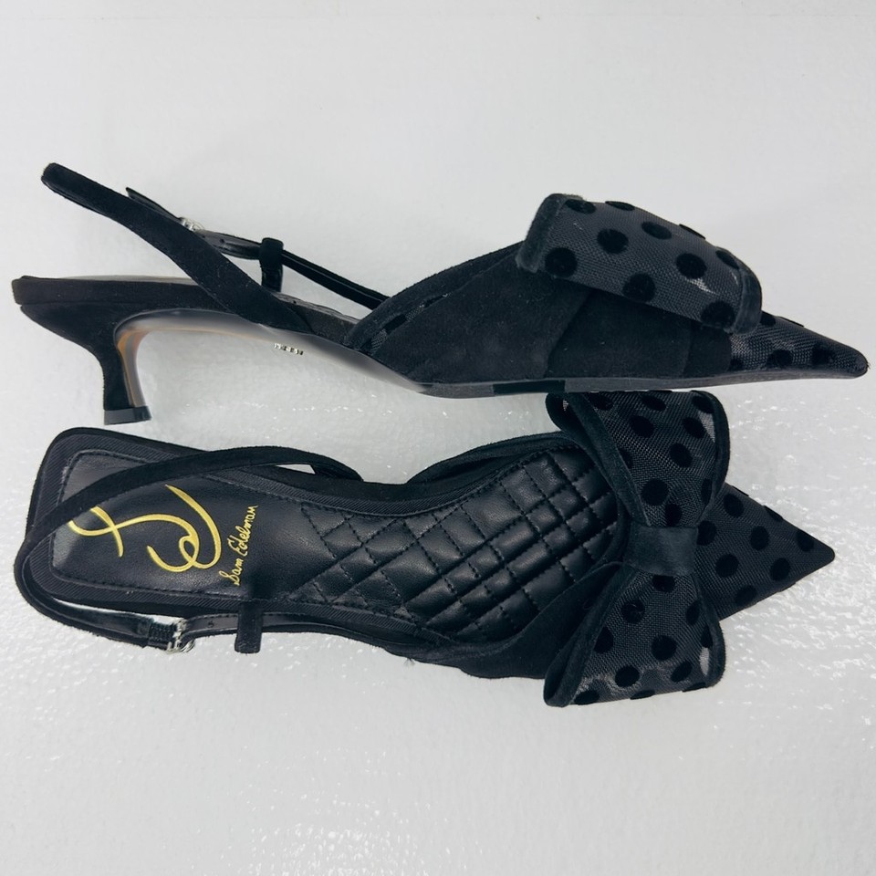 Sam Edelman TREENA Mesh Black Polka Dot BOW Slingback Kitten LOW Heels WOMENS 7 | eBay