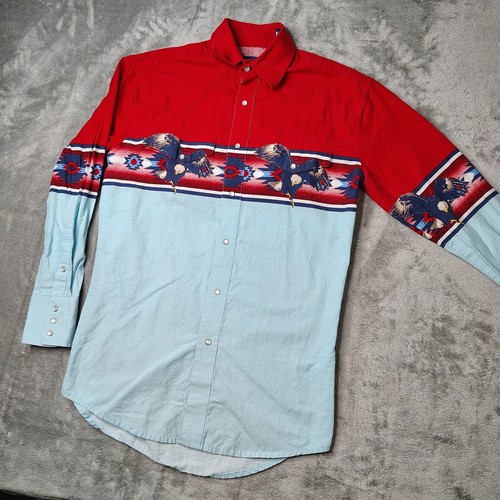 Wrangler Shirt Men Small Blue Red Pearl Snap Eagle Aztec Print Western ...