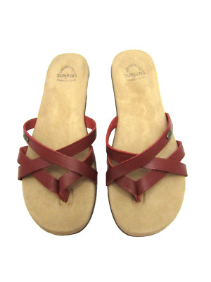 VTG GH Bass Co Sunjuns Flat Sandals BURGUNDY-RED LEATHR FLIPFLOPS ...