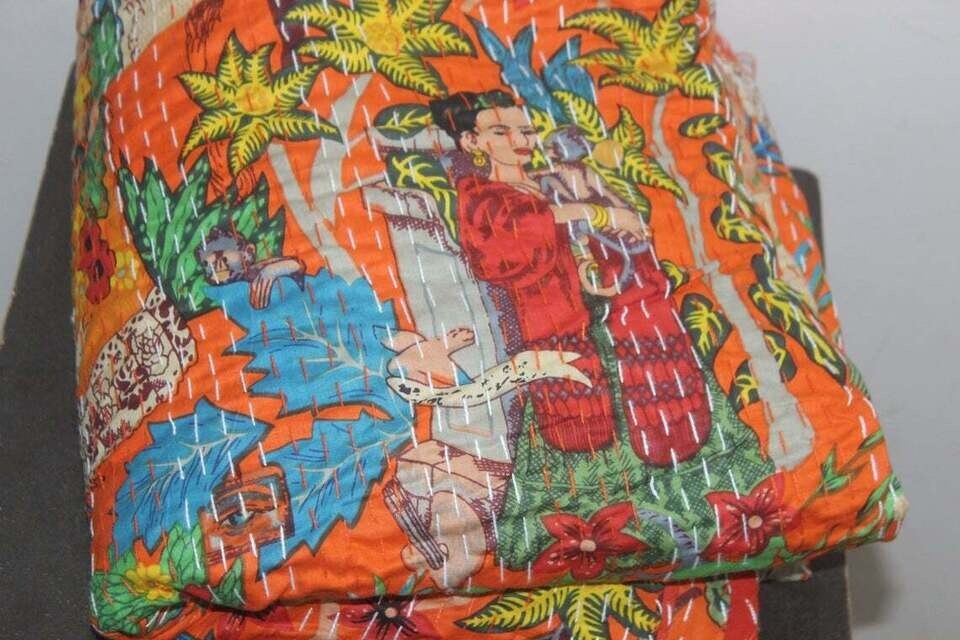 100%Cotton Indian Handmade Frida Print Queen Size Throw Gurdi Bedspread ...