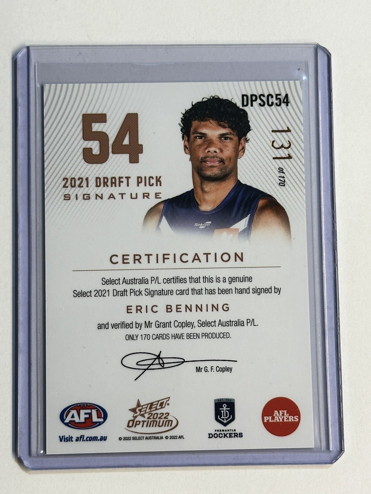 2022 AFL Select Optimum Copper DPS Draft Signature Card Eric Benning ...