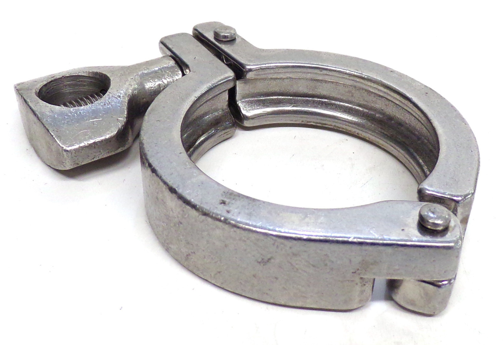 SANITARY SS CLAMPS (LOT OF 2) SINGLE PIN (1) 1/2" (1) 2" W/CROSS HOLE ...