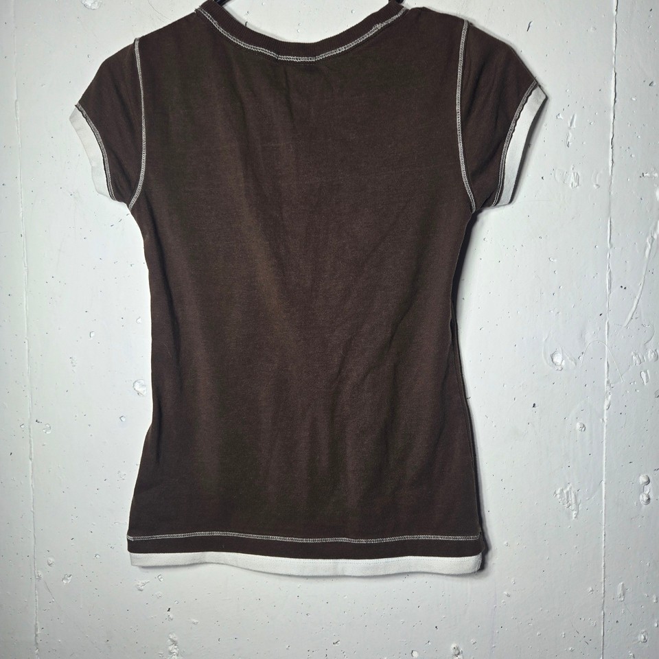 One Step Up Girls Brown Hibiscus Henley Baby Tee Large Y2K McBling Surf ...
