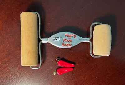 Rare VTG EKCO Pastry and Pizza Roller Made in USA Small Wood Double ...