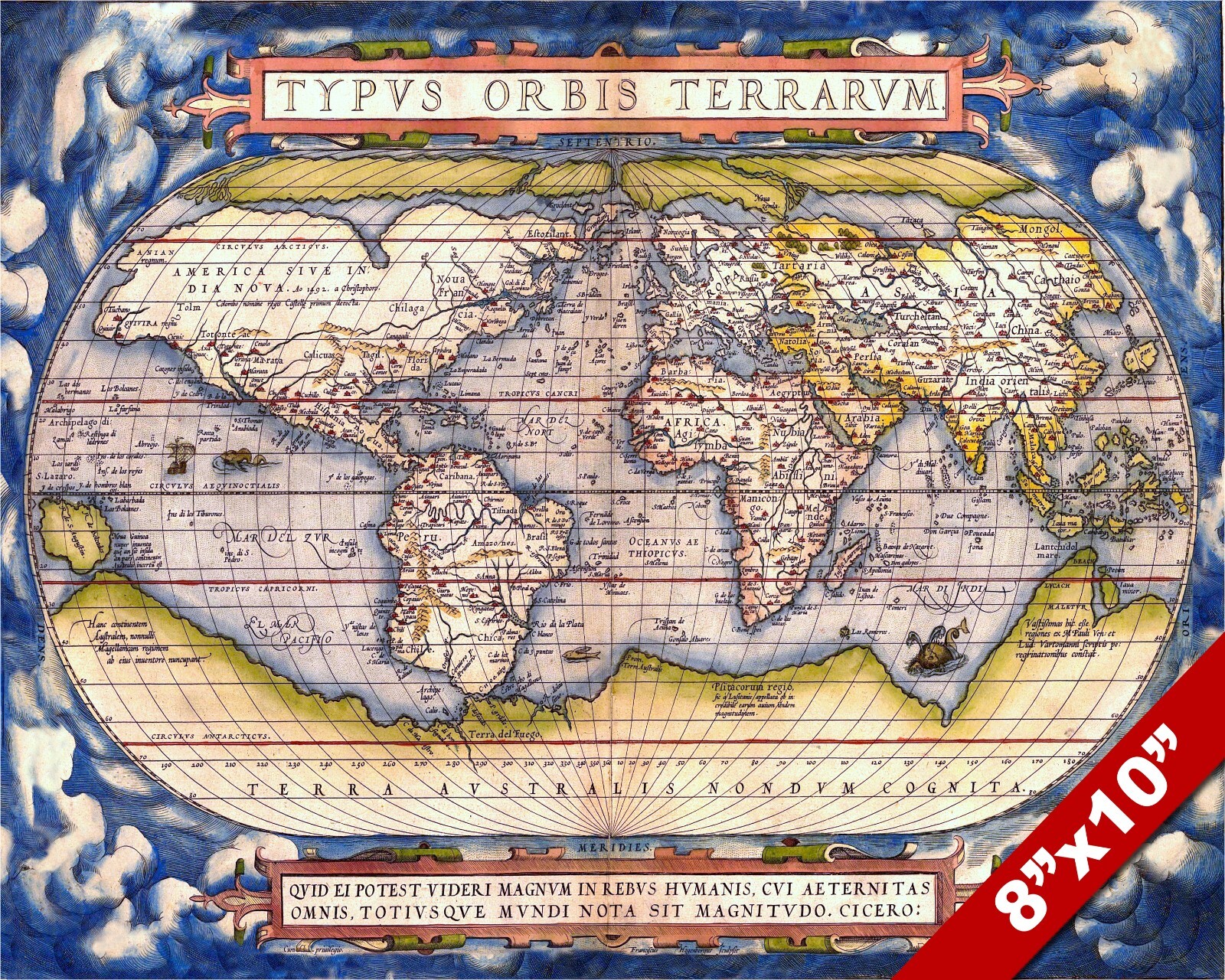 ANTIQUE OLD WORLD MAP & LATIN WORDS 1570 DRAWING PAINTING ART REAL ...