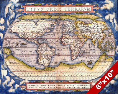 ANTIQUE OLD WORLD MAP & LATIN WORDS 1570 DRAWING PAINTING ART REAL ...