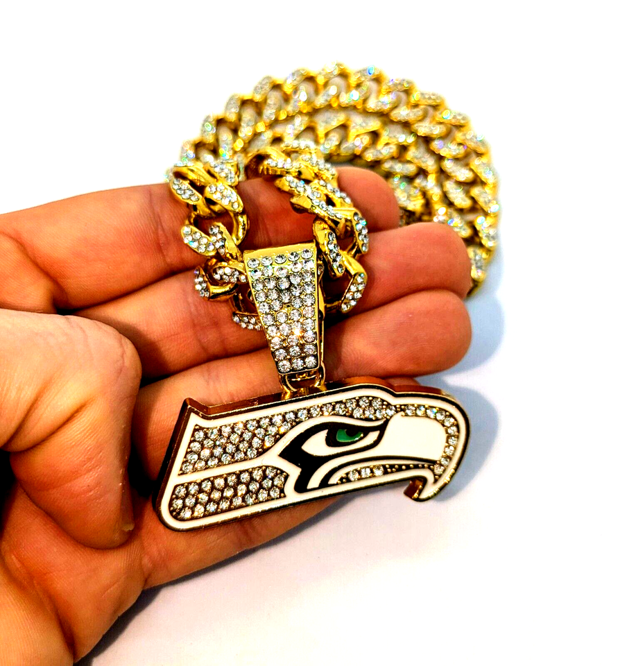 SEATTLE SEAHAWKS GEM NECKLACE Gold NFL Team Bling Hip Hop Pendant & 20 ...