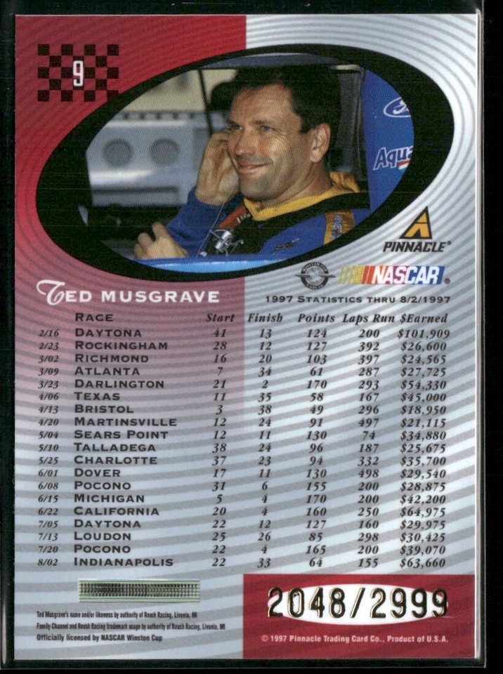 Ted Musgrave 1997 Pinnacle Totally Certified #9 #/2999 - Roush Racing ...