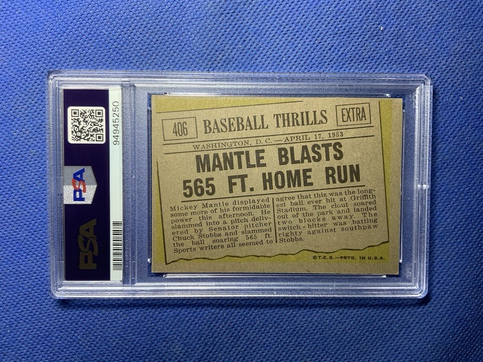 1961 Topps Mickey Mantle Blasts 565 ft Home Run #406 PSA 3.5 VG +FRESH ...