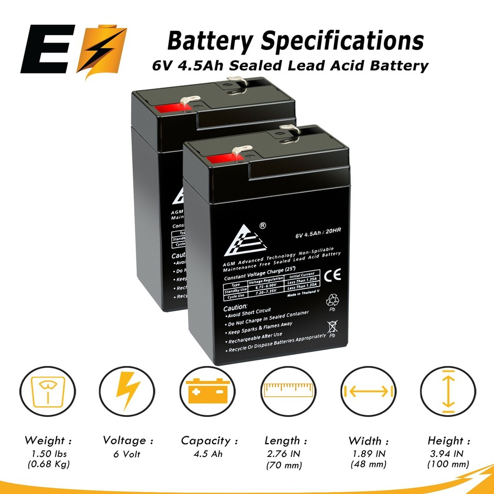 2 Pack: 6V 4.5AH SLA Battery Replaces UB645 ELB06042 YT-645 PS-640 3FM4 ...