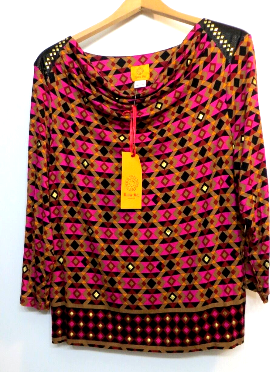 NWT Ruby Rd. Blouse Top Shirt Womens Large Multicolor Geometric Studded ...