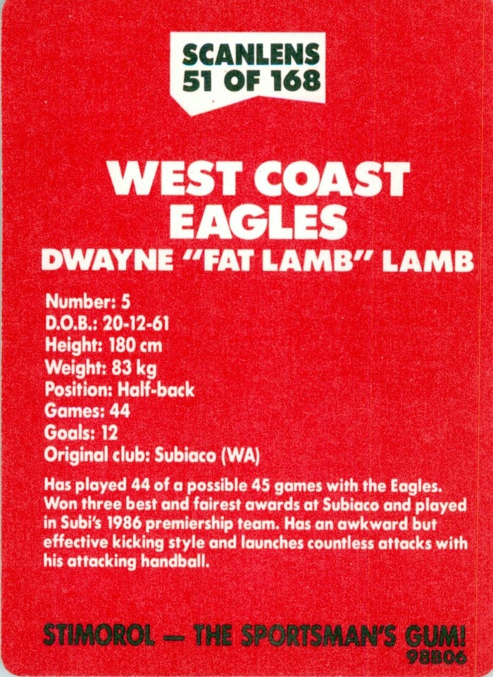 1989 WEST COAST EAGLES AFL Card DWAYNE LAMB Scanlens | eBay