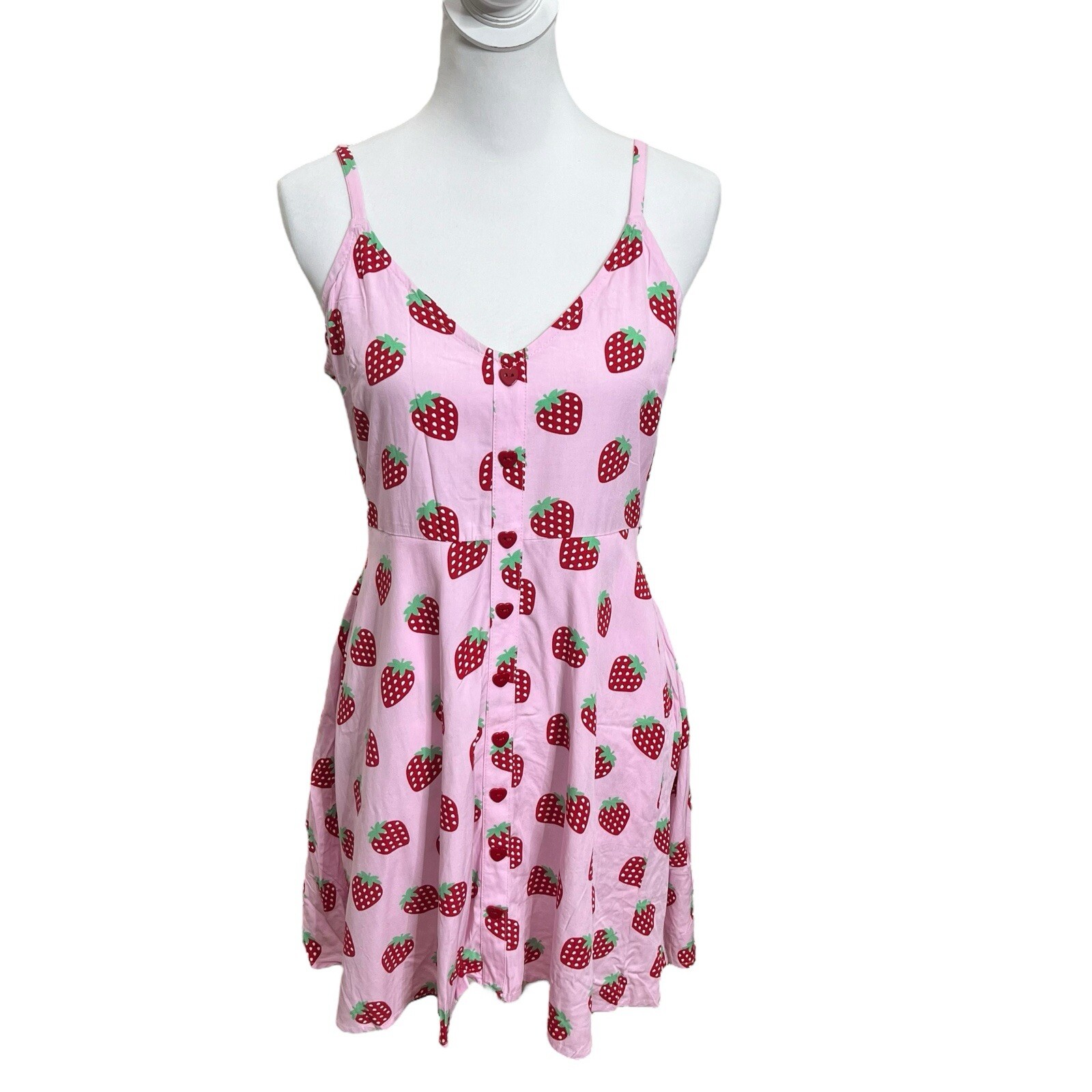 Hot Topic Pink Strawberry Print Button Front A Line M… - Gem