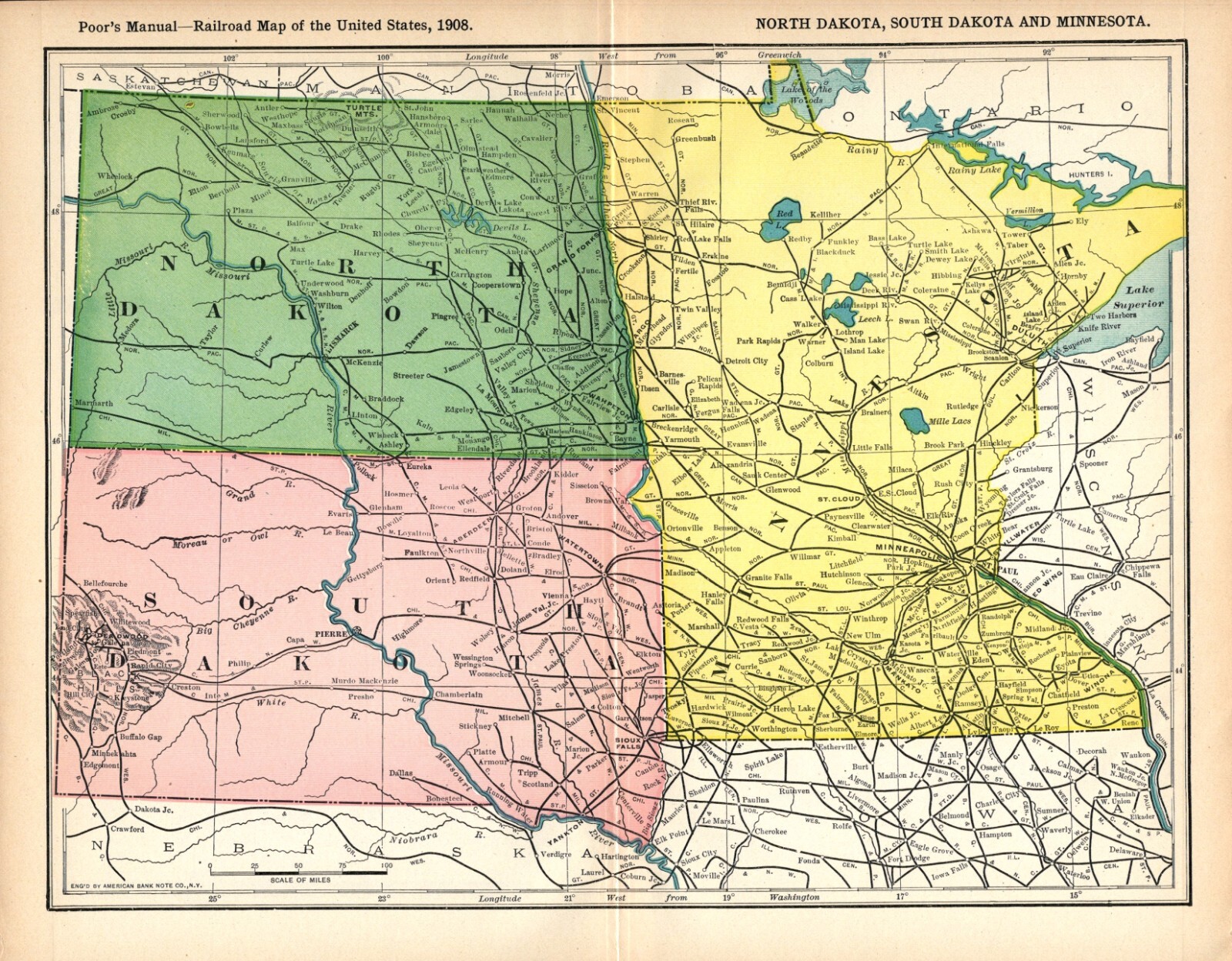 1908 Antique Minnesota South & North Dakota Railroad Map Railway Map ...