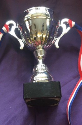 x large UNIVERSAL SILVER/METAL TROPHY WITH RIBBONS AND A MARBLE BASE ...