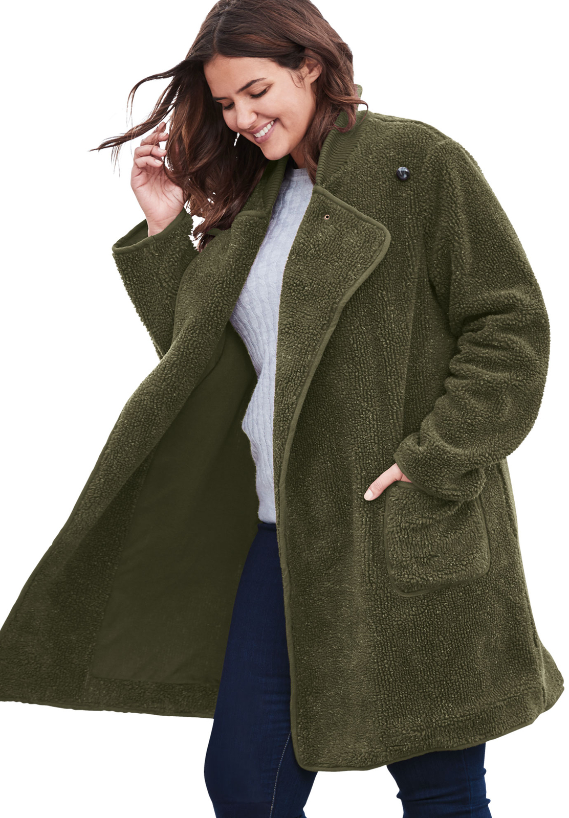 Woman Within Women's Plus Size Rib Knit Collar Berber Jacket | eBay