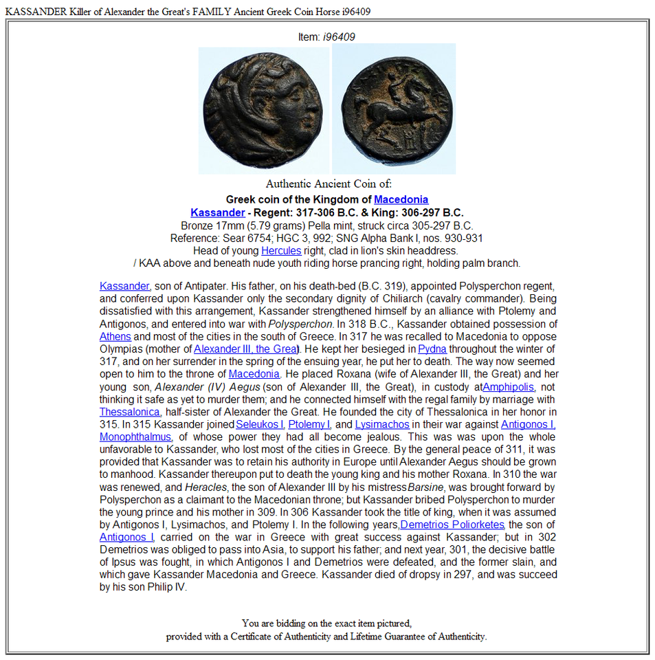 KASSANDER Killer of Alexander the Great's FAMILY Ancient Greek Coin ...