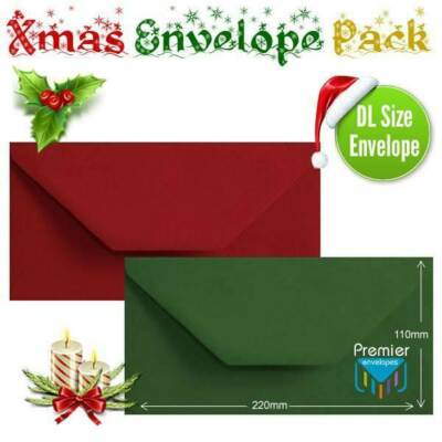50 Red Green Xmas Card Envelopes Coloured DL Gummed Christmas Card ...