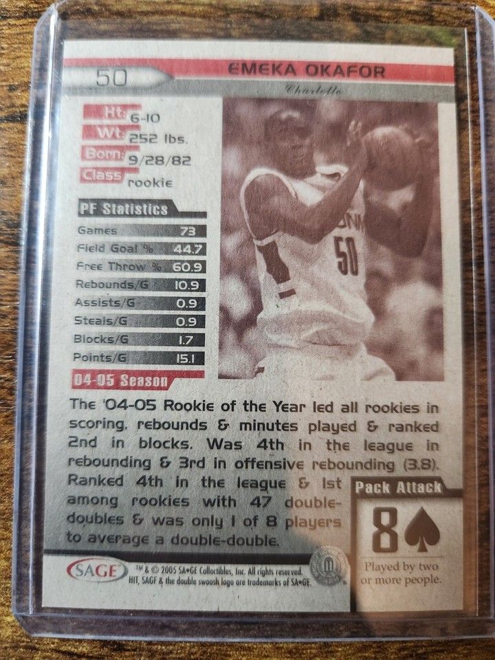 2005 SAGE Hit Emeka Okafor Rookie RC #50 UConn Charlotte Bobcats | eBay
