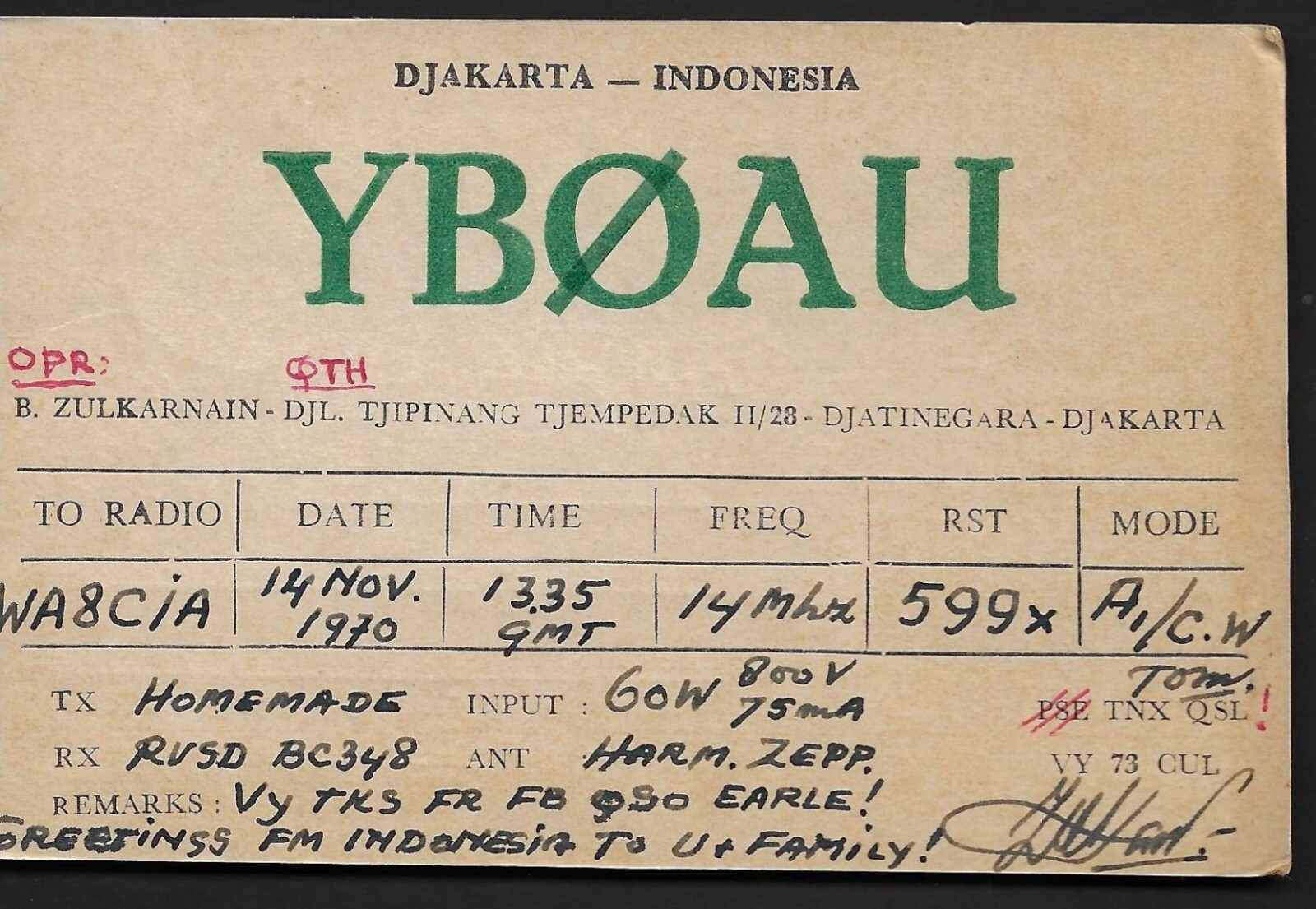 QSL QSO CB Radio CARD"YB0AU,Tom Zulkkarnain,70",Djakarta,Indonesia ...